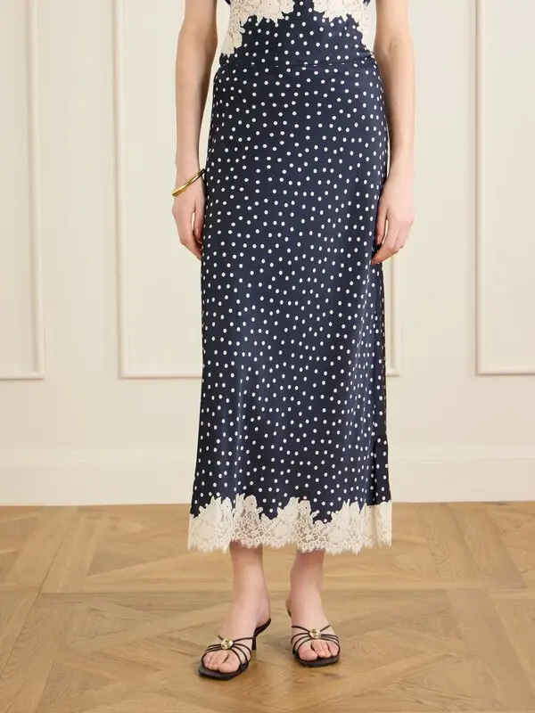 Rixo Matilde Lace-trimmed Polka Dot Satin Midi Skirt