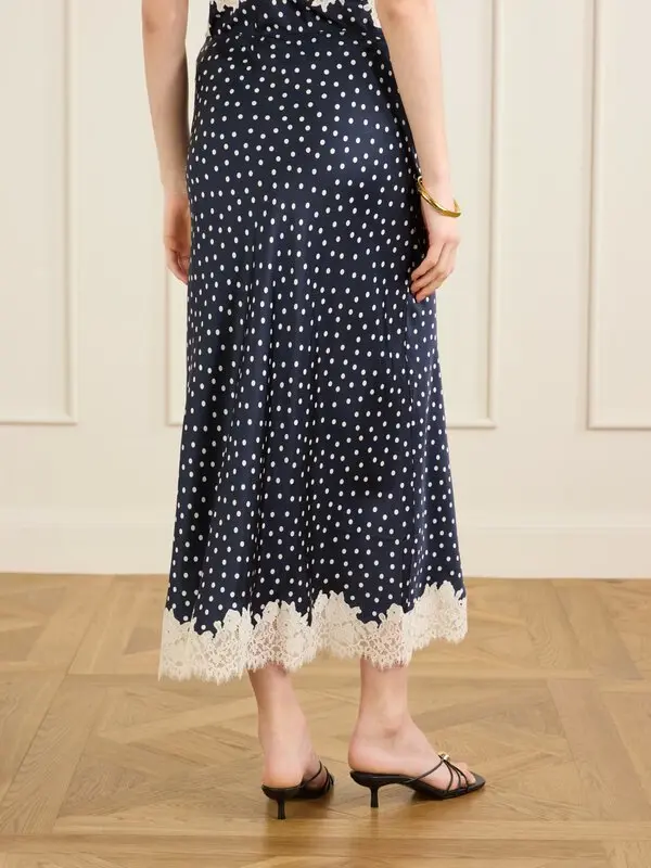 Rixo Matilde Lace-trimmed Polka Dot Satin Midi Skirt
