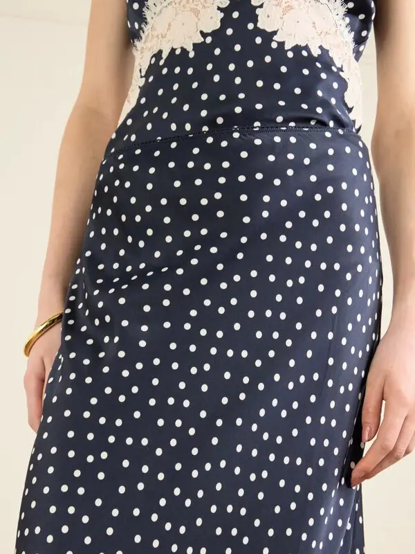 Rixo Matilde Lace-trimmed Polka Dot Satin Midi Skirt