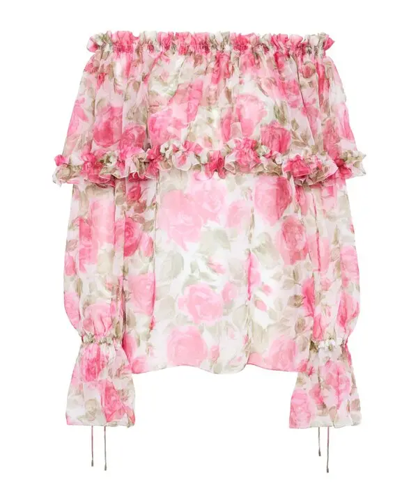 Chloé Off-the-shoulder Ruffled Floral Silk Blouse - Pink