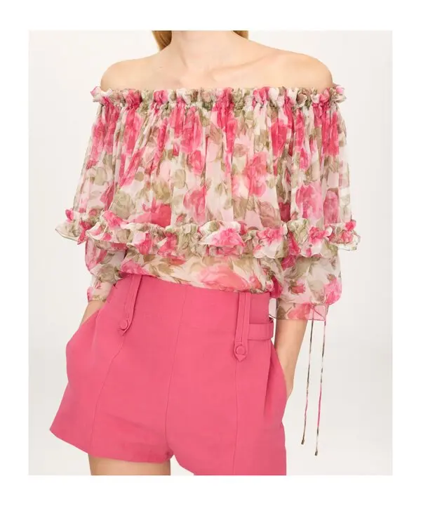 Chloé Ruffled Floral Off-shoulder Blouse - Pink