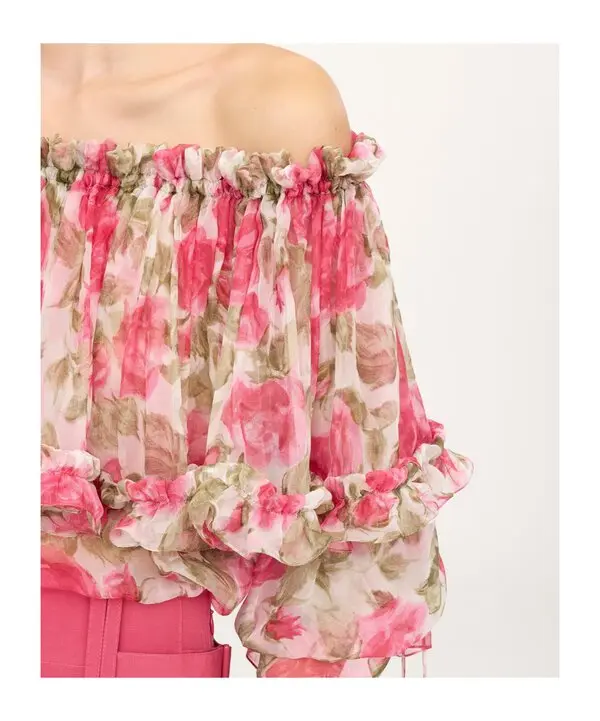 Chloé Ruffled Floral Off-shoulder Blouse - Pink