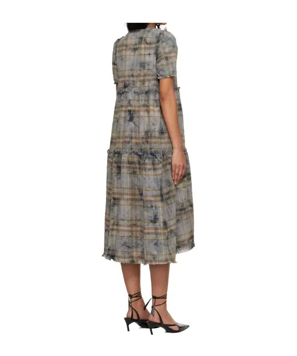 R13 Plaid Round Neck Puff Sleeve Midi Dress