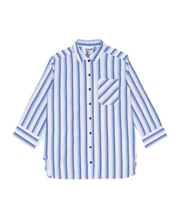 GANNI Striped Button-up Shirt With Embroidered Logo - White