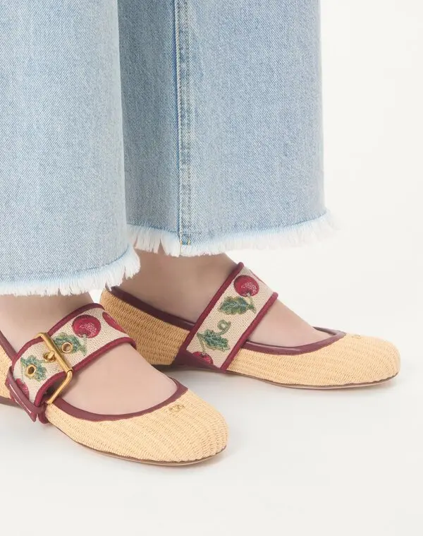 Valentino Garavani Mary Jane Ballerina Flats With Embroidered Cherry Detail - Light Brown
