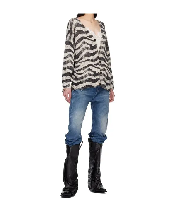 R13 Oversized Zebra Print Distressed Knit Cardigan