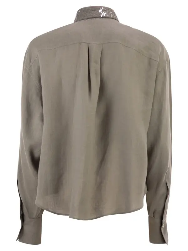 Brunello Cucinelli Sequined Collar Linen Shirt - Gray