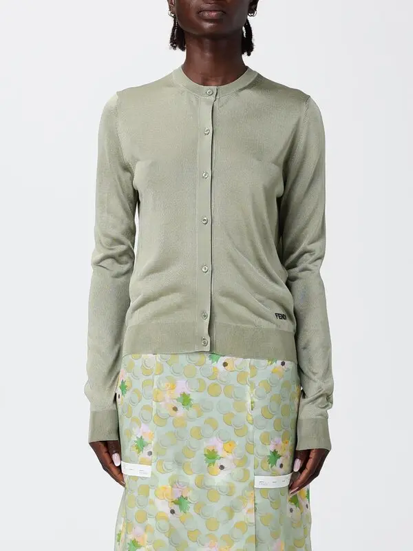 Fendi Logo Embroidered Crewneck Buttoned Cardigan - Light Green