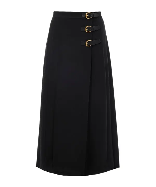 Chloé Pleated Midi Skirt In Wool Grain De Poudre - Black