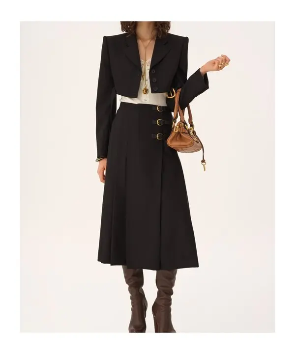 Chloé Pleated Midi Skirt In Wool Grain De Poudre
