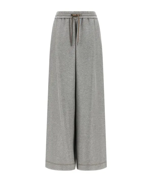 Brunello Cucinelli Drawstring Wide-leg Cotton Blend Joggers With Metallic Thread Contrast Stitching