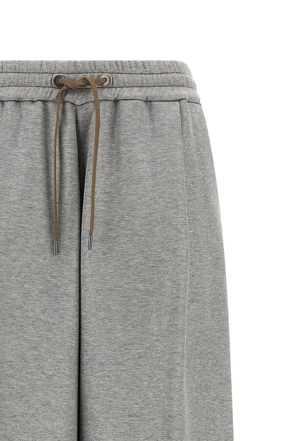Brunello Cucinelli Drawstring Wide-leg Cotton Blend Joggers With Metallic Thread Contrast Stitching