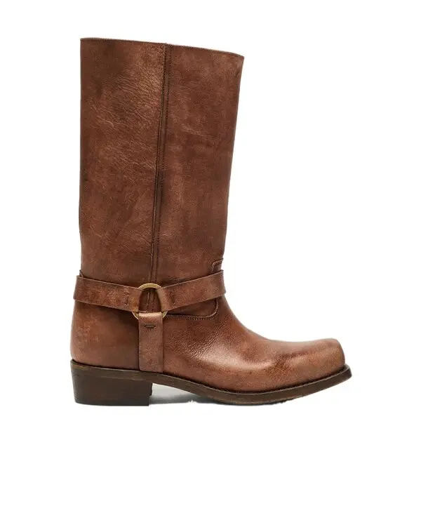 GOLDEN GOOSE High Biker Boots With Metal Buckle Strap - Brown