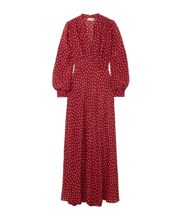 Rixo Polka Dot V-neck Long Sleeve Maxi Dress - Red