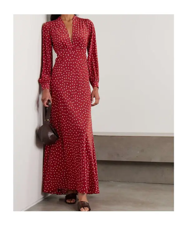 Rixo Polka Dot V-neck Long Sleeve Maxi Dress - Red