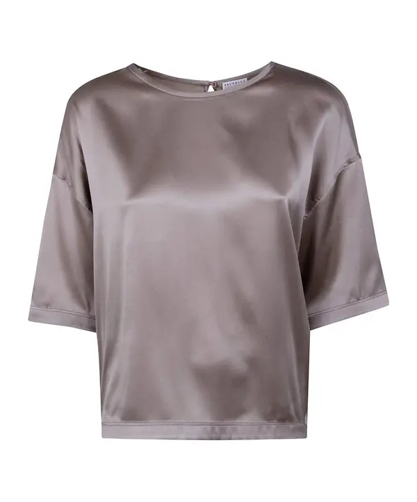 Brunello Cucinelli Keyhole Crewneck Short Sleeve Top - Gray