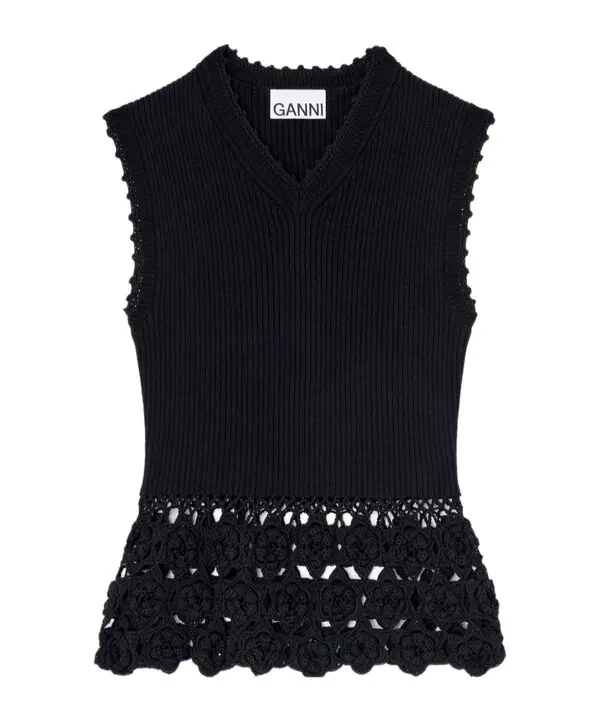 GANNI Crochet Hem Knitted Top V-neck Sleeveless - Black