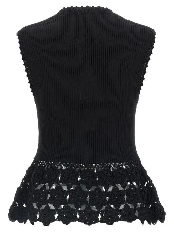 GANNI Crochet Peplum Knit Sleeveless V-neck Top - Black