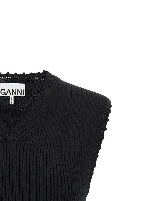 GANNI Crochet Peplum Knit Sleeveless V-neck Top - Black