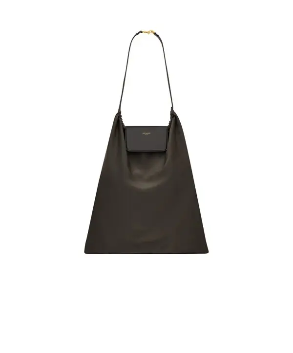 Saint Laurent Foulard Pouch In Silk Satin And Leather - Chocolate/black