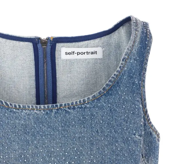 SELF-PORTRAIT Embellished Denim Cropped Top - Blue
