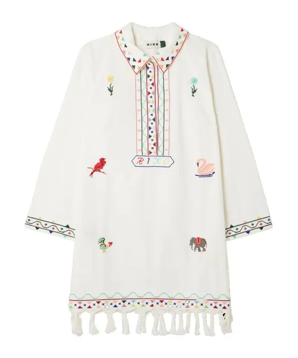 Rixo Astoria Embroidery Tassel Mini Dress - Cream