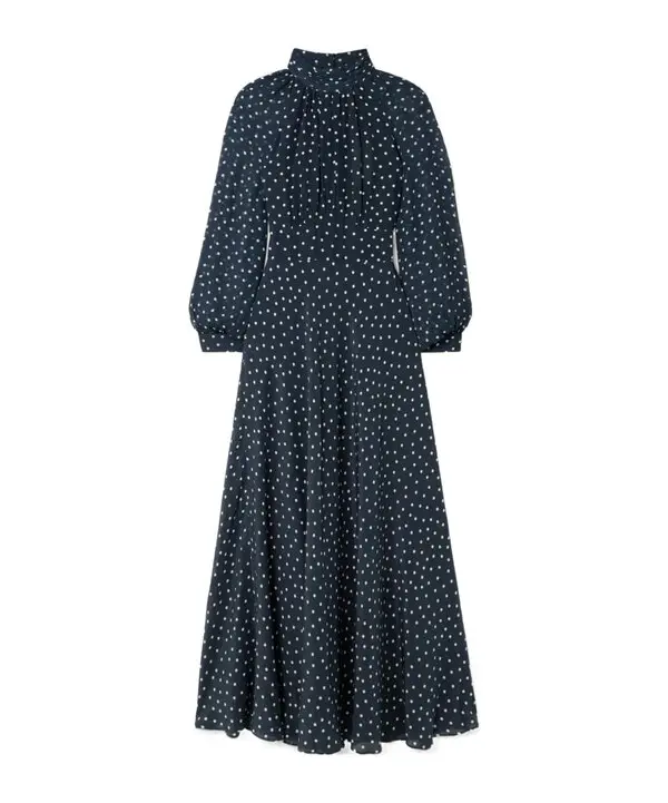 Rixo Polka Dot High Neck Maxi Dress - Navy