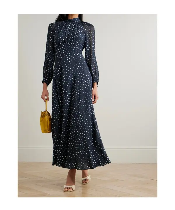 Rixo Polka Dot High Neck Maxi Dress - Navy