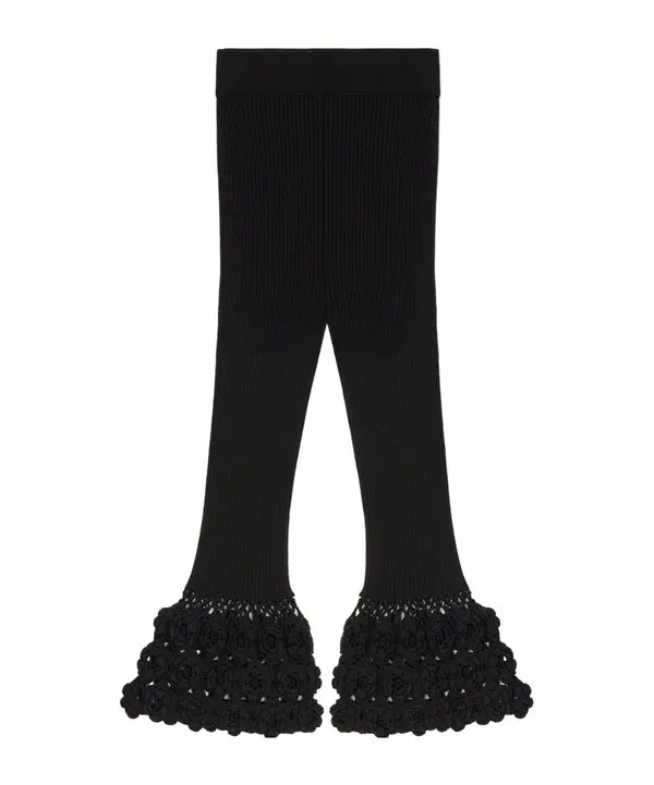 GANNI Cropped Ribbed Pants With Crochet Hem - Black