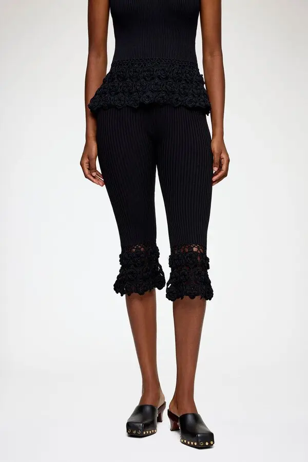 GANNI Cropped Ribbed Pants With Crochet Hem - Black