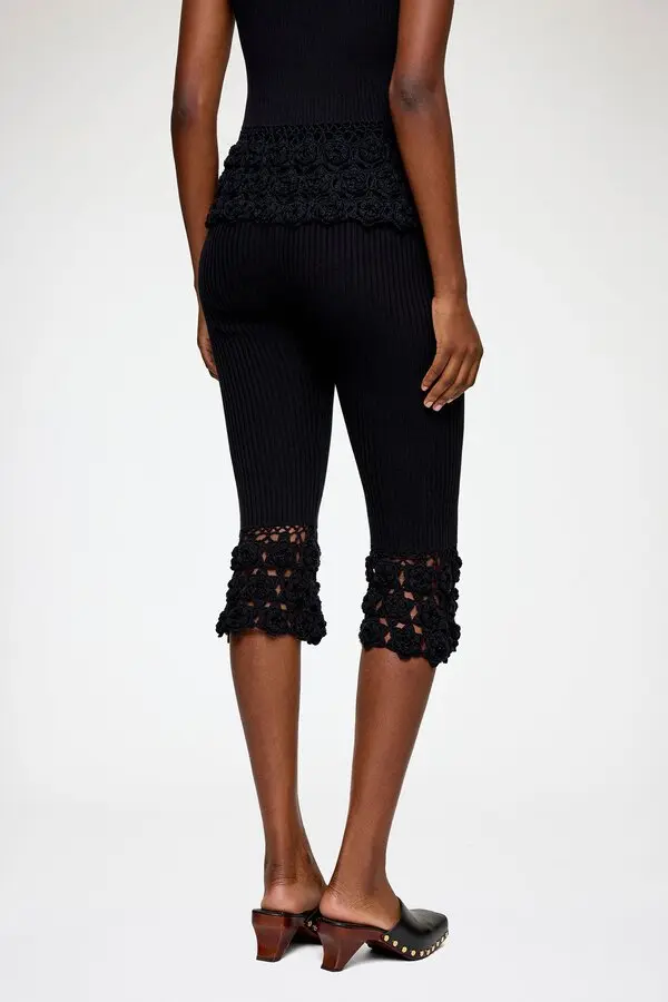 GANNI Cropped Ribbed Pants With Crochet Hem - Black