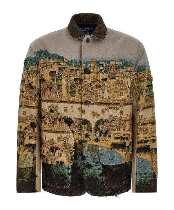Junya Watanabe Jacquard Frayed Jacket With Landscape Print - Multicolor
