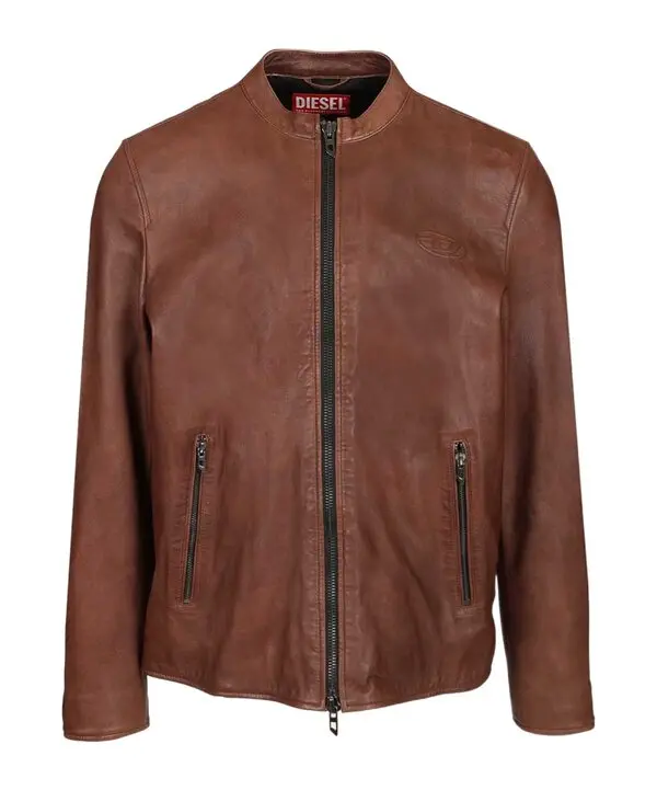 DIESEL® Leather Bomber Jacket With Mandarin Collar And Zip Details - Brown