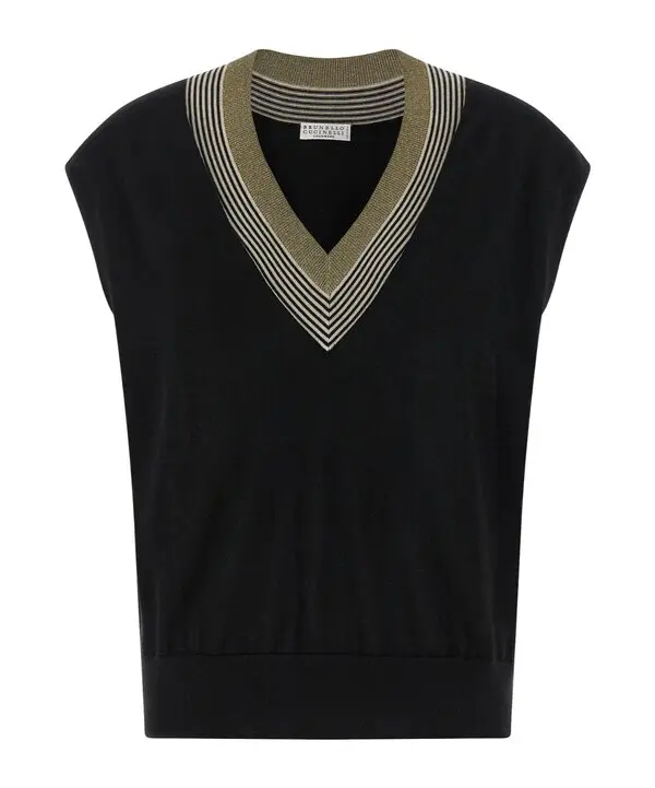 Brunello Cucinelli Sleeveless V-neck Knit Top - Black