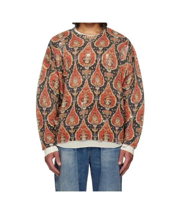 R13 Oversized Paisley Print Distressed Crew Neck Sweater