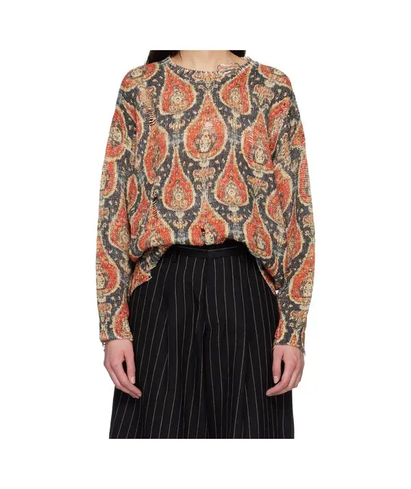 R13 Oversized Paisley Print Distressed Crew Neck Sweater