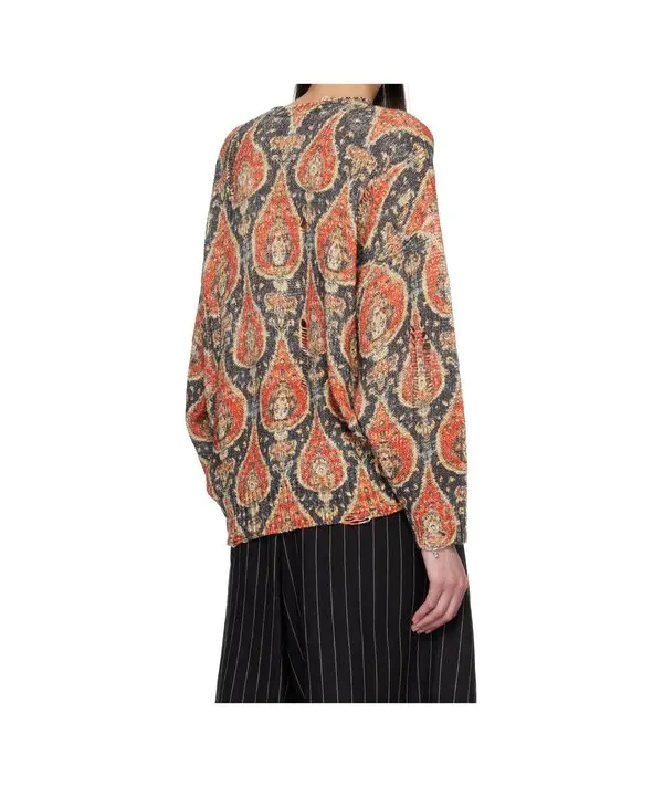 R13 Oversized Paisley Print Distressed Crew Neck Sweater