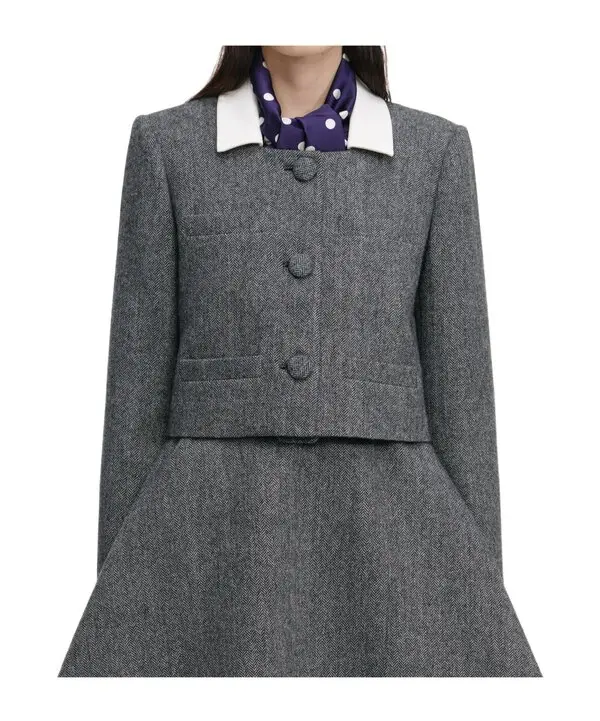 SELF-PORTRAIT Cropped Herringbone Tailored Jacket - Grey