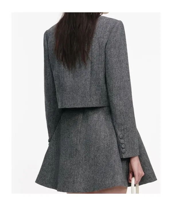 SELF-PORTRAIT Cropped Herringbone Tailored Jacket - Grey