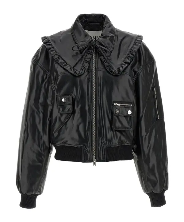 GANNI 7093 Future Bomber Jacket In Shiny Leather-effect Fabric With Removable Ruffle Collar - Black