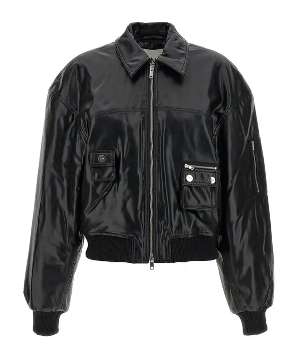 GANNI 7093 Future Bomber Jacket In Shiny Leather-effect Fabric With Removable Ruffle Collar - Black