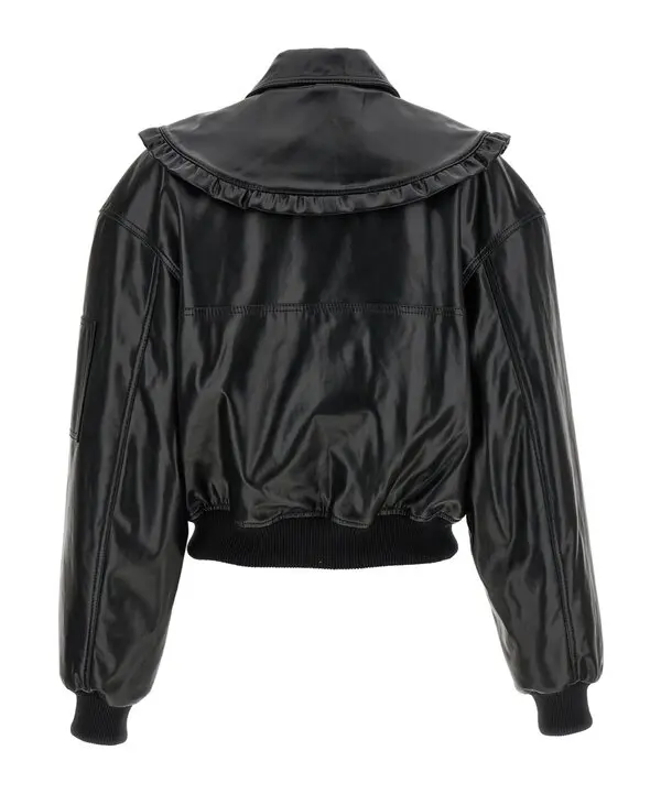 GANNI 7093 Future Bomber Jacket In Shiny Leather-effect Fabric With Removable Ruffle Collar - Black