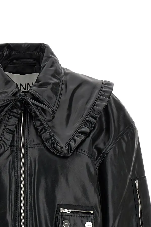 GANNI 7093 Future Bomber Jacket In Shiny Leather-effect Fabric With Removable Ruffle Collar - Black