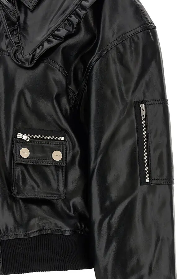 GANNI 7093 Future Bomber Jacket In Shiny Leather-effect Fabric With Removable Ruffle Collar - Black