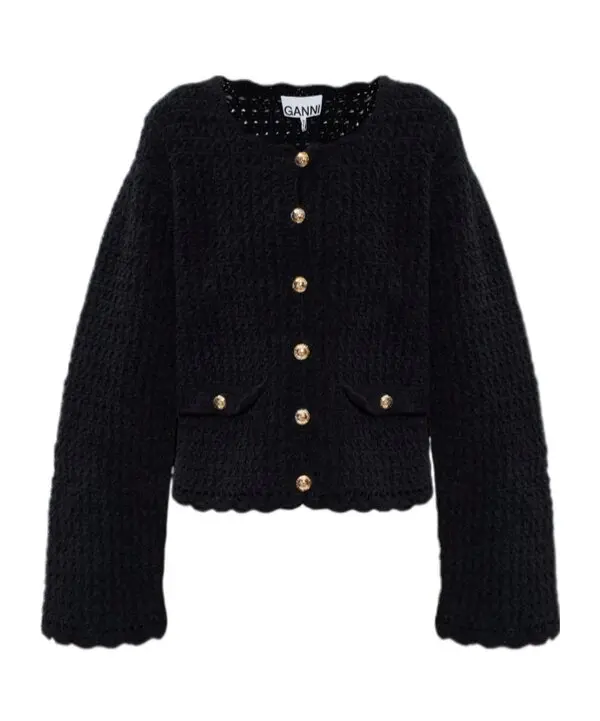GANNI Crochet Cardigan With Gold Button Detail