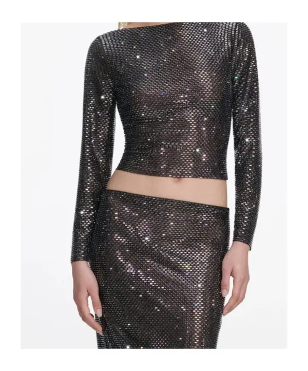 SELF-PORTRAIT Embellished Long Sleeve Tulle Top - Black