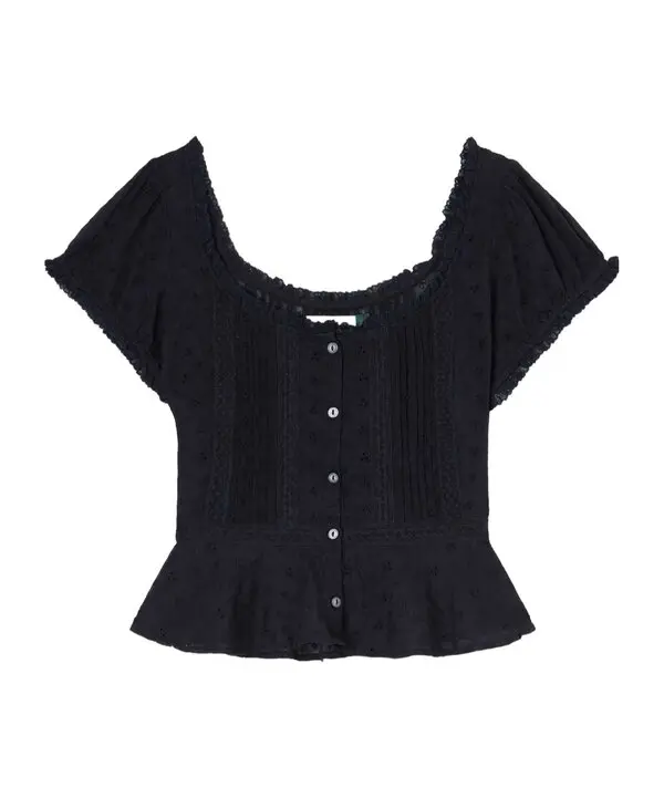 Rixo Sandi Cropped Broderie Anglaise Cotton Blouse - Black