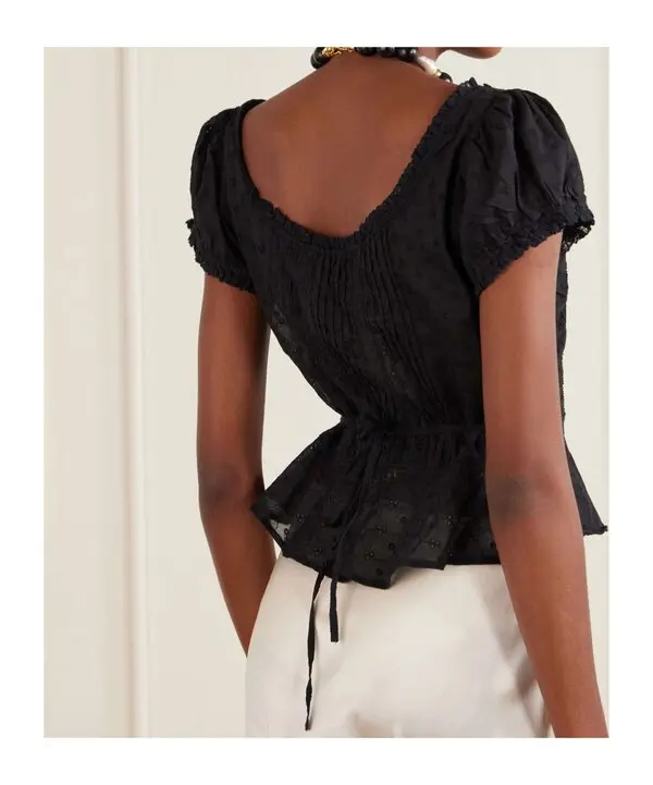 Rixo Sandi Cropped Broderie Anglaise Cotton Blouse - Black