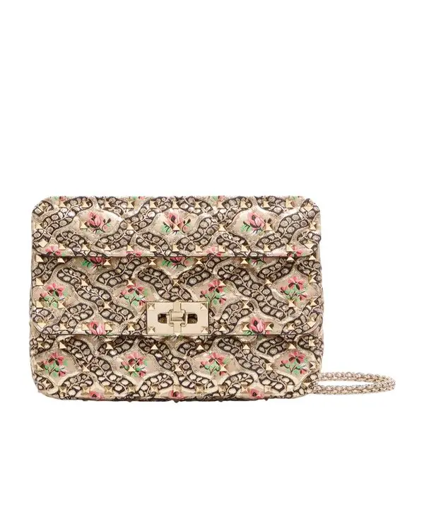 Valentino Garavani Rockstud Spike Small Bag In Papier Floral Jacquard - Gold/multicolour