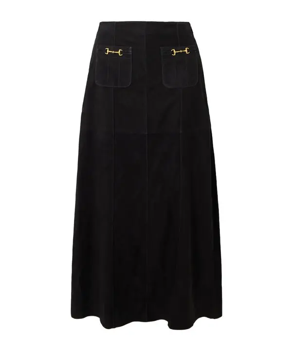 Rixo Edwina Embellished Paneled Suede Midi Skirt - Black
